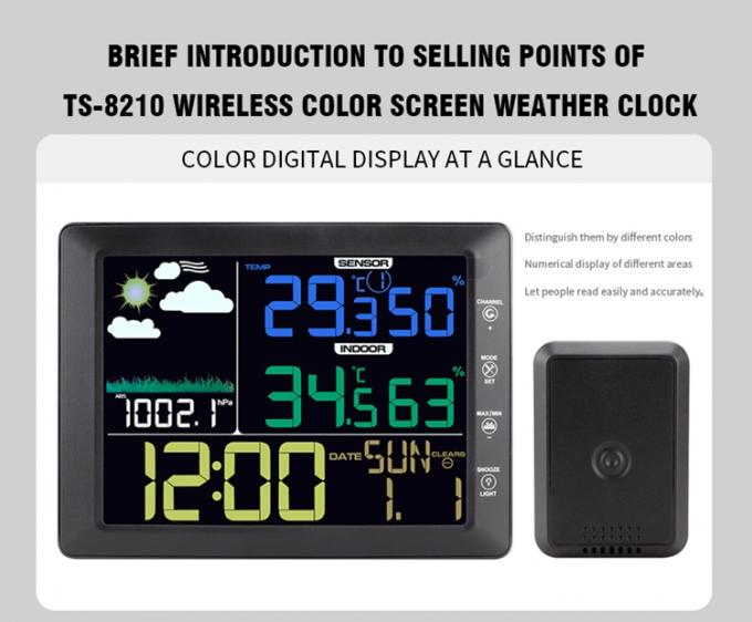 TS-8210 Wireless Color Screen Weather Station Clock Indoor Outdoor Temperature Humidity Meter ...