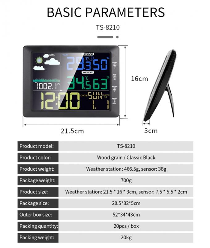 TS-8210 Wireless Color Screen Weather Station Clock Indoor Outdoor Temperature Humidity Meter ...